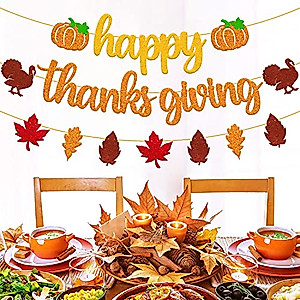 Happy Thanks Giving Banner Fall Leaves Garland Thanksgiving Day Autumn Turkey Theme for Happy Thanksgiving Party Glitter Gold Decoration