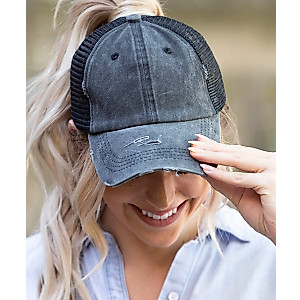 Eohak Distressed Ponytail Hats Baseball for Women Messy-Bun Pony Caps (Black)