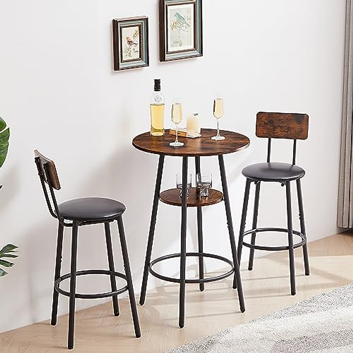 Tensun Bistro Table and Chairs Set of 2, Pub High Top Round Table and Chairs Set with Upholstered Cushion, Storage Shelf and Backrest, 3-Piece Bar Stool Set for Breakfast Nook, Rustic Brown