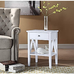 RAAMZO White Finish Nightstand Side End Table with Drawer and A-Design Sides