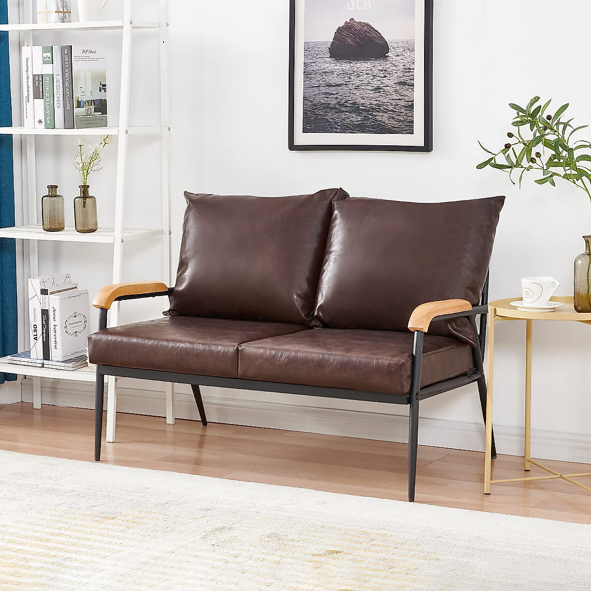 CLIPOP Mid Century Modern Accent Chair, Loveseat Sofa with Removable Backrest and Cushion, Upholstered Faux Leather Couch with Solid Wood Armrest Metal Frame Easy-Assembly, 43" W, Dark Brown