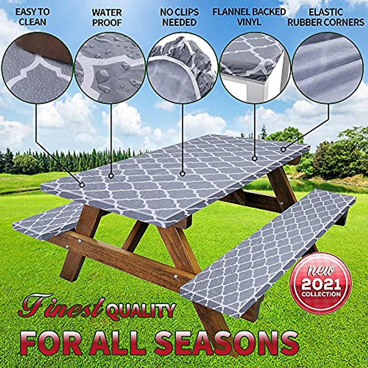frtzal Vinyl Picnic Tablecloths and Bench Covers, Camping Tablecloth Picnic Pable Bench Covers with Elastic Waterproof Picnic Table and Bench Seat Covers for Outdoor Patio Park
