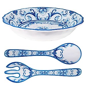 Le Cadeaux Melamine 13.75 Inch Salad Bowl and Servers Set, Mallorca