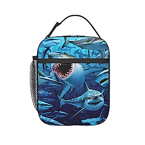 JASMODER Hungry Sharks Insulated Lunch Box Bag Portable Lunch Tote For Women Men And Kids