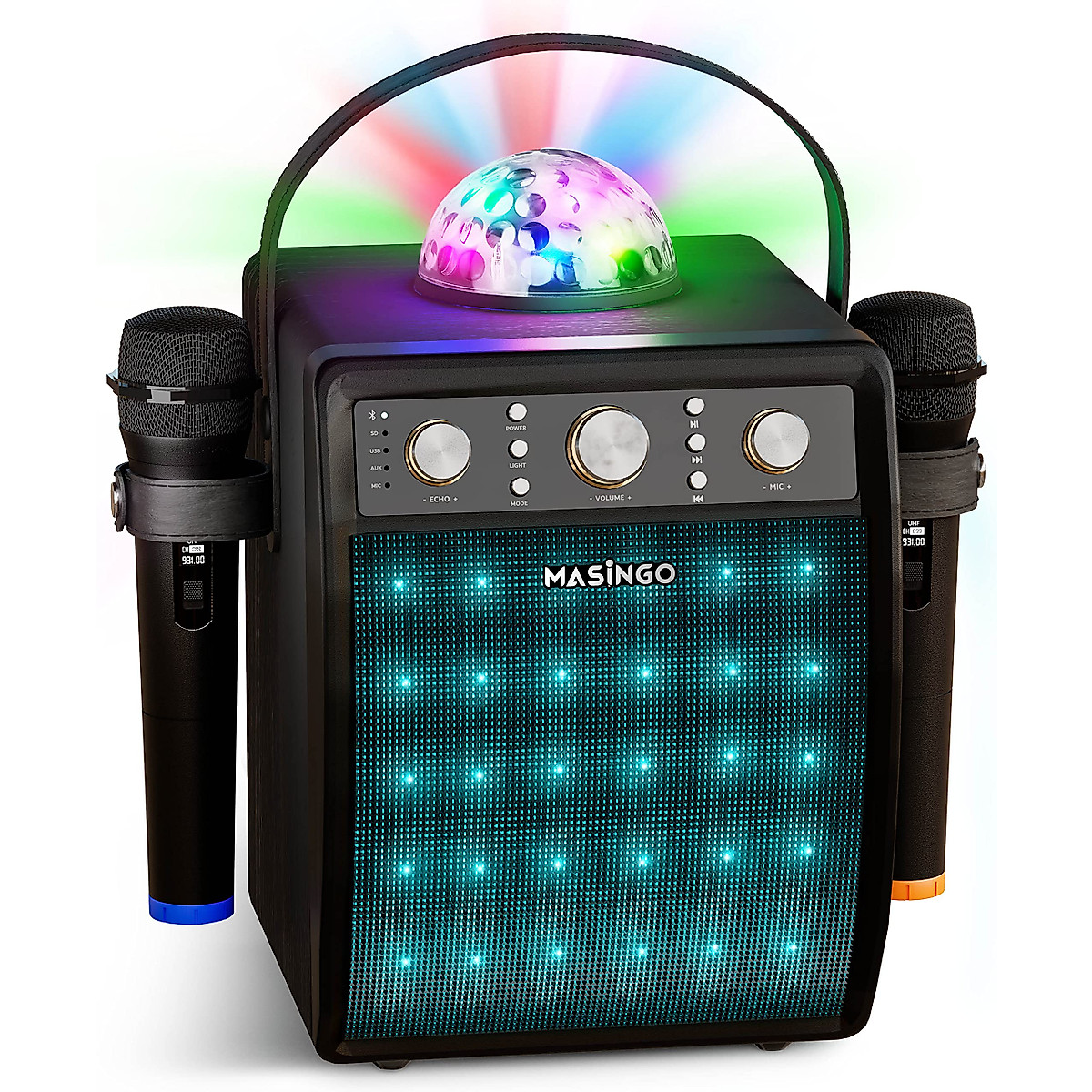 MASINGO Karaoke Machine for Adults and Kids with 2 Wireless Microphones, Portable Singing PA Speaker System Set with 2 Bluetooth Mics, Disco Ball Party Lights & TV Cable, Ostinato M7
