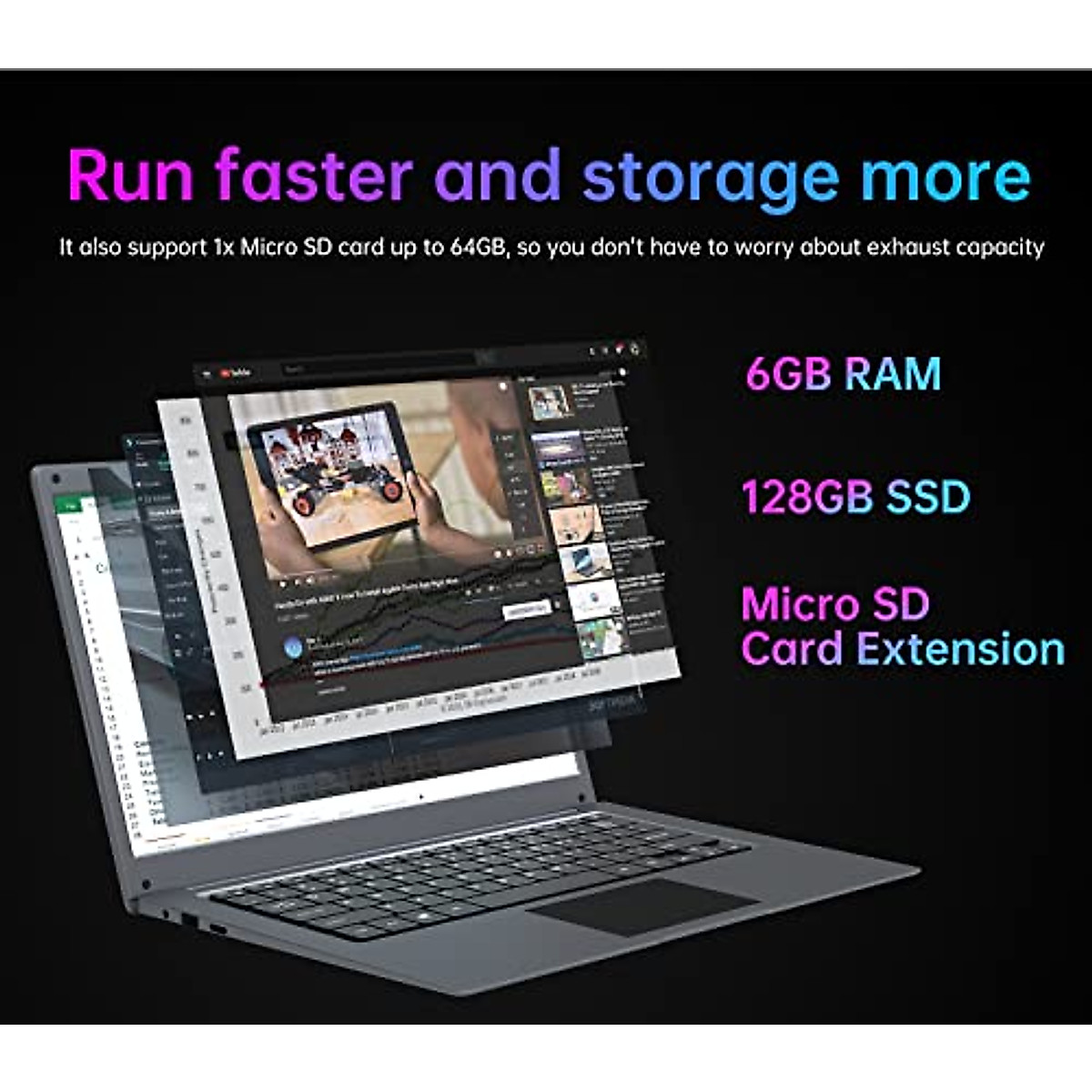 WAKST Laptop Windows 11, 13.3-inch Intel E3950 2.0 GHz Intel HD Graphics 500, 6GB RAM + 128GB SSD, Thin and Light Laptop, WPS Office, USB 3.0, Bluetooth, MHDMI, Grey