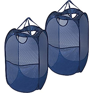 2 Pack - SimpleHouseware Mesh Pop-Up Laundry Hamper Basket with Side Pocket, Dark Blue