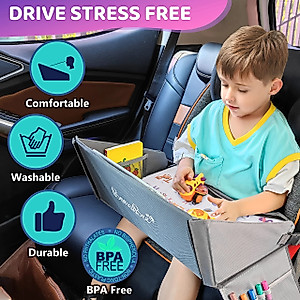 Kids Travel Tray for Car Seat with Dry Erase, Cup/iPad/Holder, 16x12 (Gray)