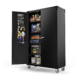 VINGLI 72" H Upgraded Tall & Wide Black Metal Storage Cabinet with Pegboards in Doors and 4 Adjustable Shelves, Garage Cabinet and Storage System with Wheels, Locking Cabinet for Home Office, Basement