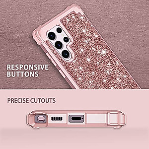 LONTECT for Galaxy S23 Ultra Case with 2 Camera Lens Protector,Three-Layer Shockproof Heavy Duty Full Body Sturdy Protective Case for Samsung Galaxy S23 Ultra 5G,Rose Gold