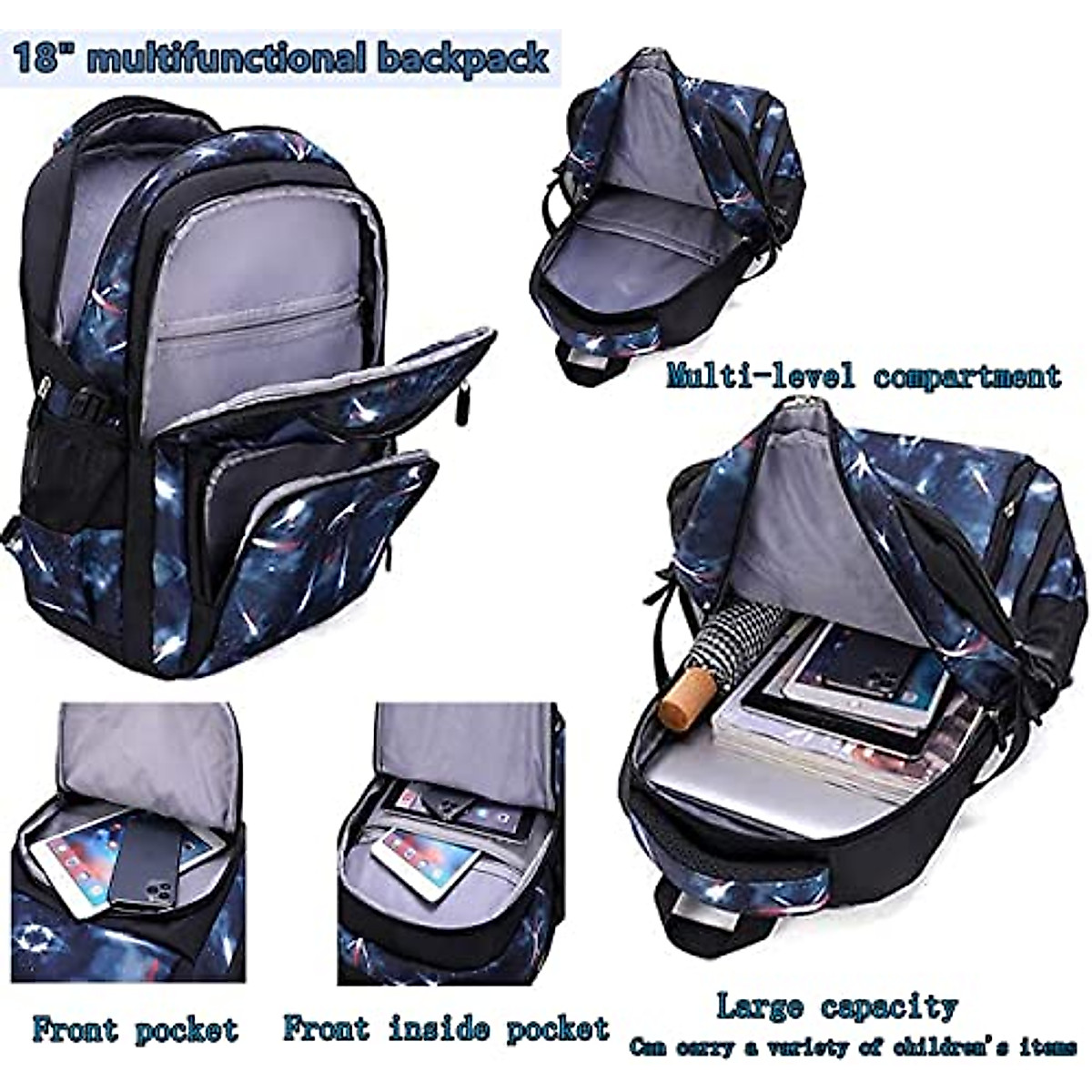 Egchescebo 18" School Kids Rolling Backpack for Adults With Wheels Trolley Wheeled Backpacks for Boys Students Travel Bags Adults With Lunch Box Pencil bag 3PCS Navy Blue
