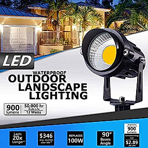 SUNVIE 12W Low Voltage Landscape Lighting (AC/DC 12V) Waterproof Landscape Lights Ultra Warm Pathway Walls Trees Flags Outdoor Spotlights with Spike Stand (2 Pack)