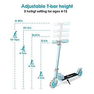 Scooters for Kids Ages 4-10，Folding Kick Scooter with 2 LED Light Up Wheels for Girls Boys Child Toddler，3 Adjustable Handle Height
