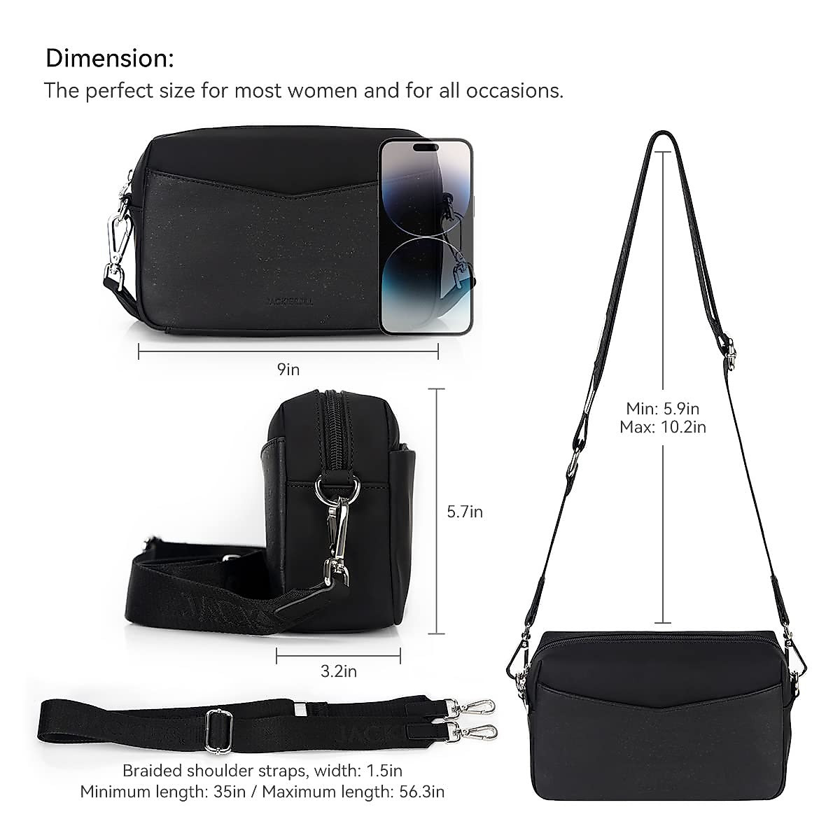 Jackie&Jill Small Crossbody Bags Purses for Women,Cork & Leather Shoulder Handbags with Wide Strap,Top Zipper Camera Bag (Black)