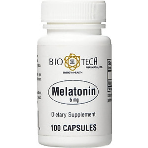 Bio-Tech Pharmacal Melatonin (5 mg), 100 Capsules – All-Natural Supplement – Support Sleep, Cardiovascular, Immune, & Bone Health – No Dairy, Fish, Gluten, Peanut, Shellfish, GMOS, & Soy – No