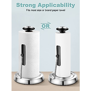 SMARTAKE Standing Paper Towel Holder, Rustproof Paper Towel Organizer with Tension Arm, Modern Toilet Paper Holder with Weighted Base, Roll Dispenser for Kitchen Countertop Home Dining Table, Silver
