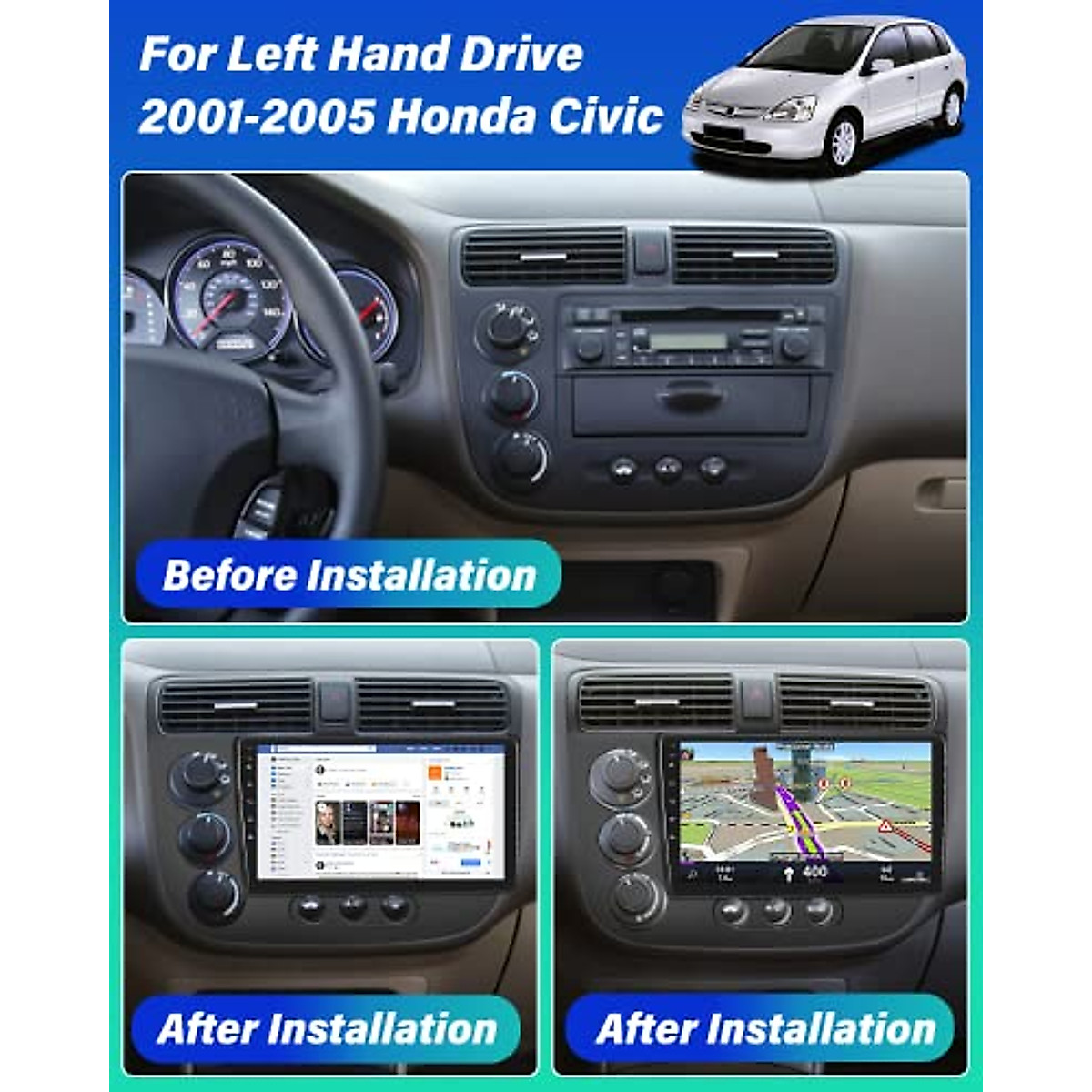 2G+32G for Honda Civic 2001-2005 Radio, Hikity Android 11 Car Stereo Wireless Apple Carplay Android Auto, 9 Inch Touch Screen Car Radio with Bluetooth/GPS Navigation/WiFi/HiFi/Split Screen