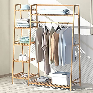 43.5" Bamboo Clothing Garment Rack Free Standing Clothes Coat Hanger Rolling Closet Organizer Shoe Rack Wardrobe Storage Hall Tree Entryway Living Bedroom Office Storage Shelves Clothes Hanging Rack