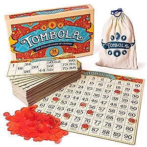 Brybelly Tombola Bingo Board Game | The Italian Game of Chance for Family, Friends and Large Parties Up to 24 Players | Includes Calling Board, 90 Tombolini Tiles, 24 Double-Sided Cards and 360 Chips