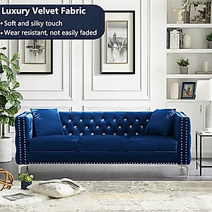 Fulocseny 2 Piece Modern Velvet Upholstered Living Room Sofa Set with 3-Seater Sofa and Loveseat, Jeweled Button Tufted Copper Nails Square Arms, 4 Pillows Included,5 Seater (Blue + Velvet)