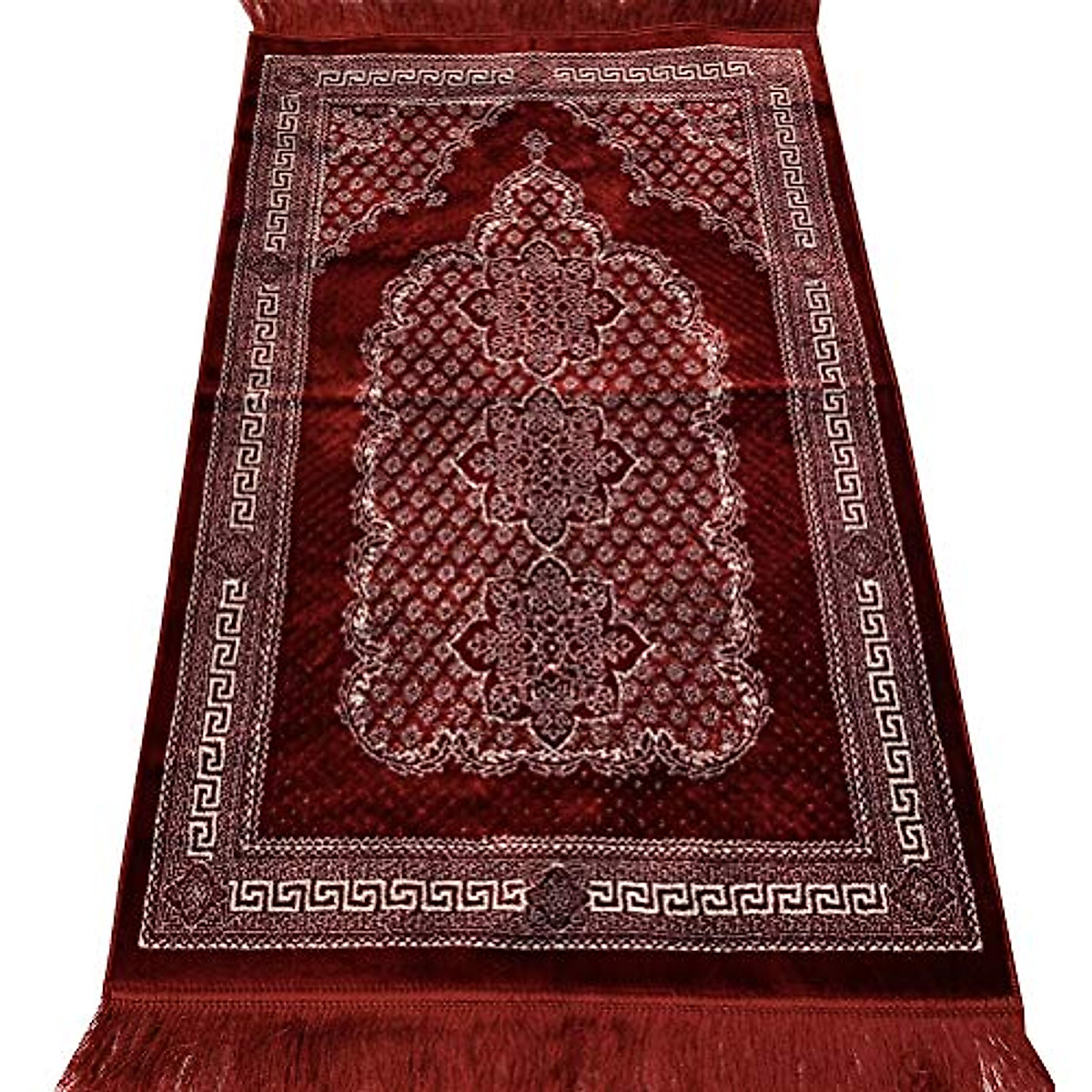 Modefa Turkish Islamic Prayer Rug - Soft & Comfortable Prayer Mat - Muslim Janamaz Sajada - Plush Velvet Praying Carpet for Men and Women - Ramadan or Eid Gift - Geometric Floral Ipek (Red)
