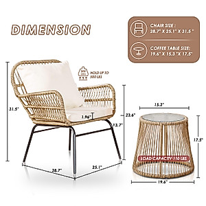 NICESOUL® 3 Pcs Boho Outdoor Small Patio Furniture Chair Set with Beige Cushion and Round Glass Table Side Table Natural Color Wicker Conversation Chair Set Bistro Set for Garden Balcony Deck Porch