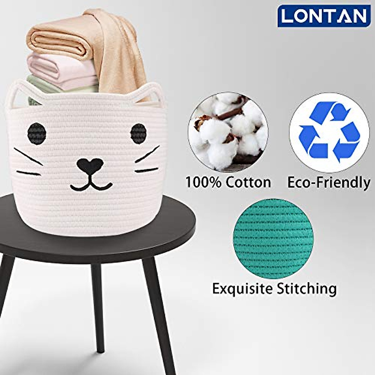 12''X10'' Woven Basket White Toy Storage Basket Cat Design | LONTAN Cotton Rope Basket Collapsible Baby Hamper Cute Bathroom Storage Basket for Clothes, Towels