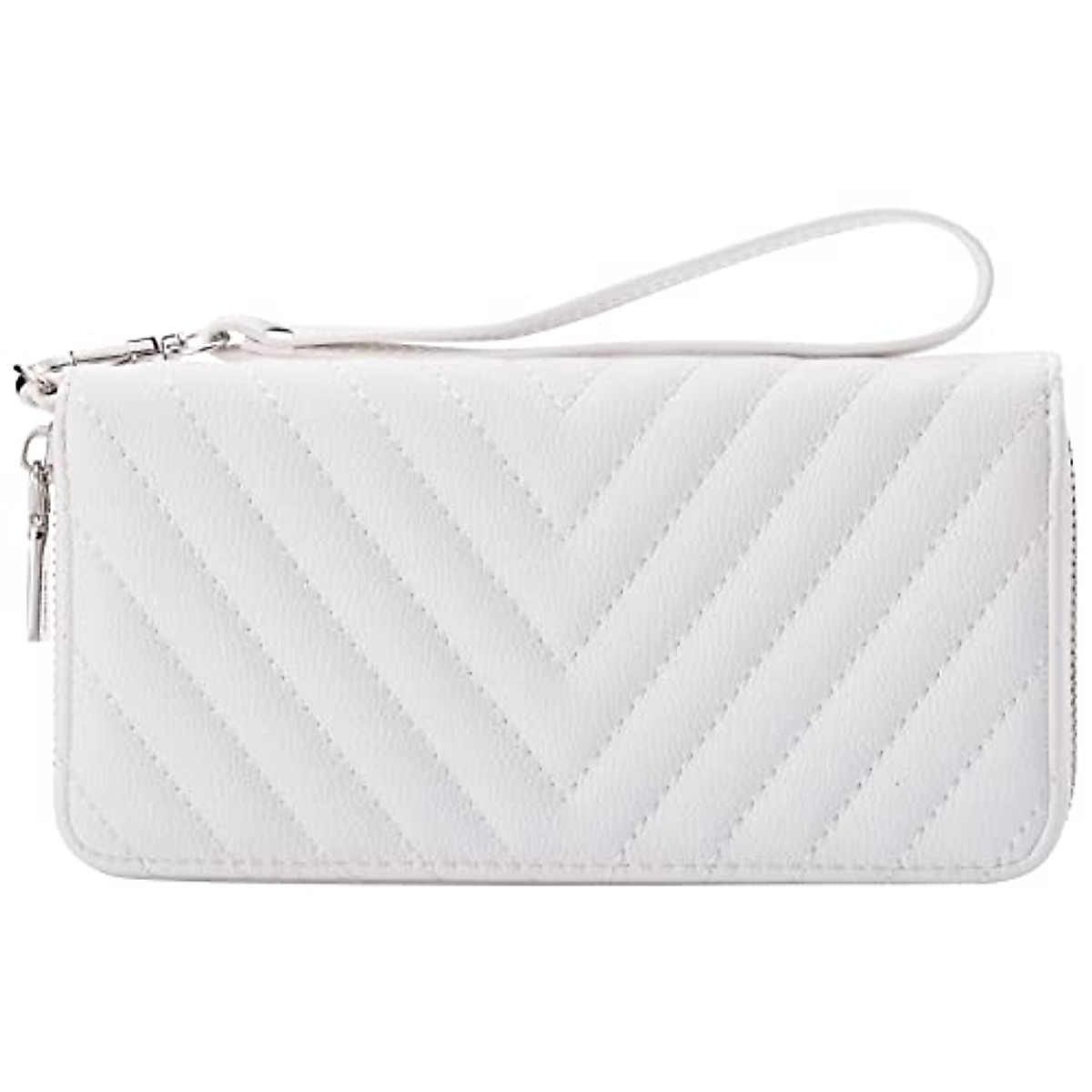 Brentano Vegan Leather Slim Single-Zipper Chevron Embroidered Wallet Clutch with Removable Wrist Strap (WHITE)