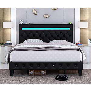 Benevika Queen Size Bed Frame with LED Light Leather Platform Bed Frame with Adjustable Upholstered Headboard, Over 60000 Colors, APP Control LED Lights, No Box Spring Needed, Black