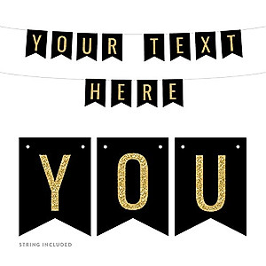 Andaz Press Fully Personalized Faux Gold Glitter on Black Party Banner Decorations, Your Text Here, Approx 5-Feet, 1-Set, Birthday Graduation Anniversary Wedding Colored Hanging Pennant Decor, Custom