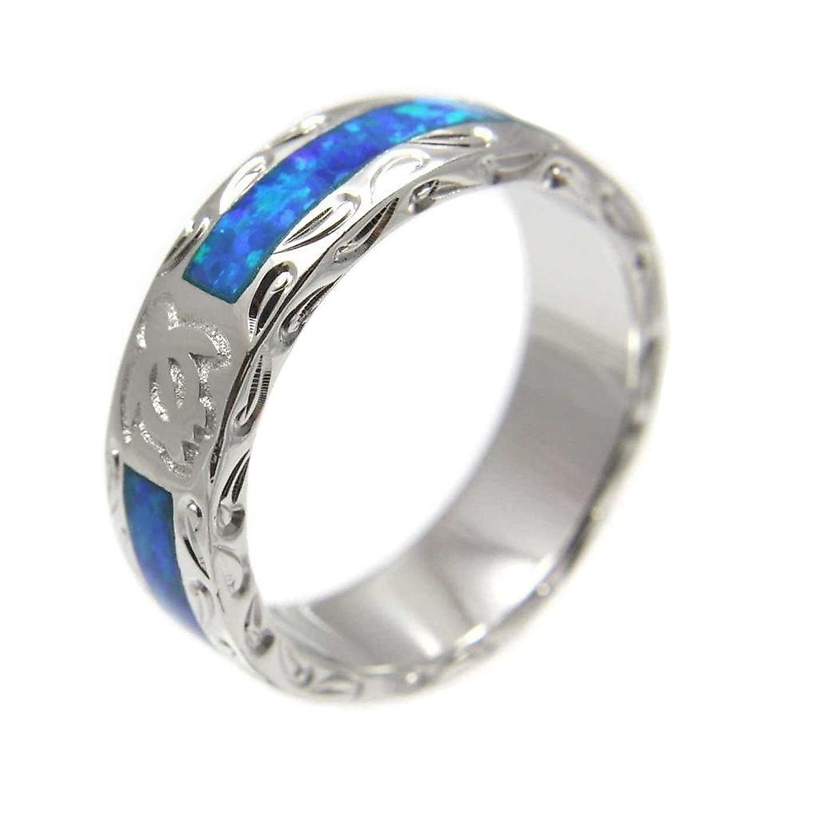 Arthur's Jewelry Sterling silver 925 synthetic opal Hawaiian honu turtle eternity wedding band ring unisex size 10