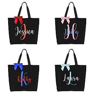Personalized Initial Tote Bag, Custom Name Letter Monogrammed Tote Gift Hand Bags with Bow Tie Present for Women Bridesmaids Teachers
