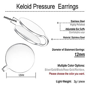 FLYUN 12MM Pressure Earring for Keloids, Keloid Earrings Pressure Clip On Earring, Ear Cuff, Stainless Steel Non-Pierced Earrings (14MM, Silver&Black&Gold)