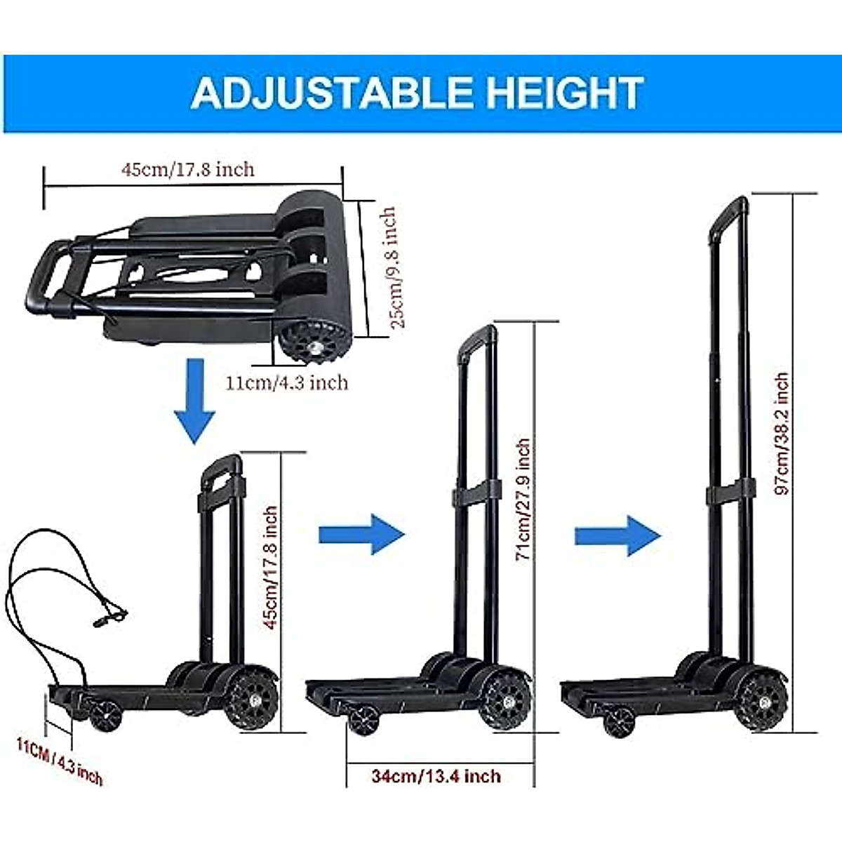 110 LBS Light weight Folding Hand Truck, Small Cart with 2 Wheels Portable Dolly for Moving Collapsible Luggage Cart with Bag and 2 Elastic Ropes Utility Cart Push Cart for travel Shopping Home Office