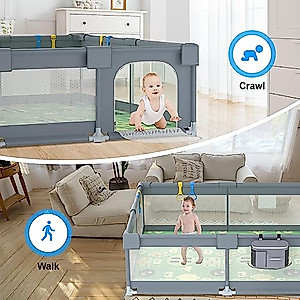 79" x 71" Baby Playpen with Mat - Baby Playards Extra Large Play Pen for Toddlers Safety Play Yard Indoor Activity Center with Hanging Bag, Zipper Gate, Soft Breathable Mesh (Gray)