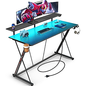 SEVEN WARRIOR Gaming Desk with LED Lights & Power Outlets, 47" Computer Desk with Monitor Shelf, Home Office Desk with Cup Holder and Headphone Hook, Ergonomic, Carbon Fiber Surface Black