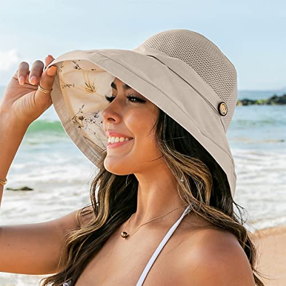 Women's Mesh Sun Hats Wide Brim Summer Beach Bucket Caps for Girls Outdoor UV Protection Foldable Fishing Hat Chin Strap Beige