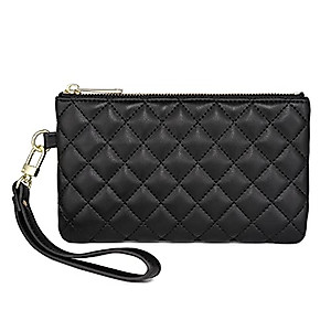 Premium Genuine Full Grain Leather Wristlet Pouch Zip Clutch Wallet w. Card Slots Phone Purse with Wrist Strap For Men Women (Black Quilted)