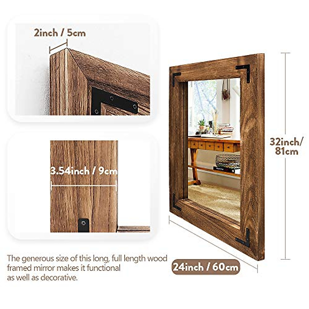 YOSHOOT Rustic Wooden Framed Wall Mirror, Natural Wood Bathroom Vanity Mirror for Farmhouse Decor, Vertical or Horizontal Hanging, 32" x 24", Brown