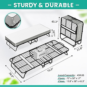 Greenvelly Folding Bed with Mattress, 75" x 38" Roll Away Beds for Adults,Metal Frame Fold Up Beds with Memory Foam Mattress,Guest Bed