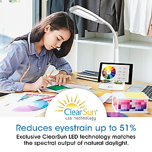 OttLite LED Desk Lamp with Tablet & Smart Phone Stand- ClearSun LED Technology - Desk Lamp with Storage Base, USB Charging Port, & Flexible Neck Height - for Tutorials, Crafting, Sewing & Working