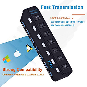 USB HUB - USB 3.0 Ports with Individual Power Switch, Data Splitter & Power Hub (7 Ports)