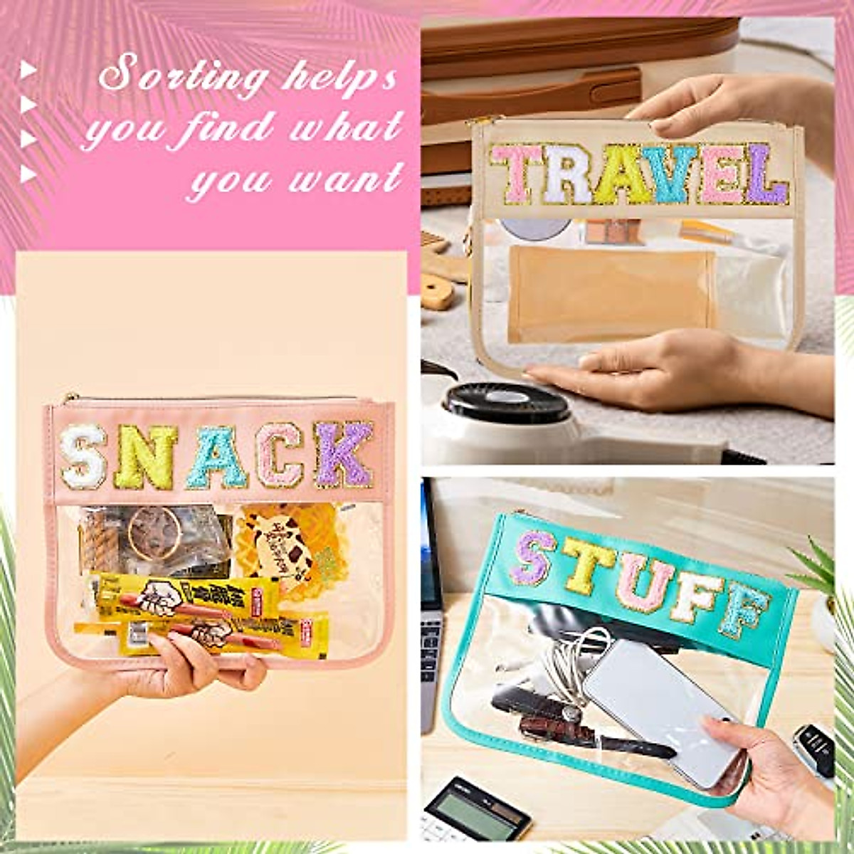 3 Pcs Chenille Letter Clear Zipper Pouch for Travel Waterproof Cosmetic Pouch Clear Snack Bags Nylon Travel Gym Beach Bag Multipurpose Makeup Bag for Women Girl (Soft Color, Travel, Stuff, Snack)