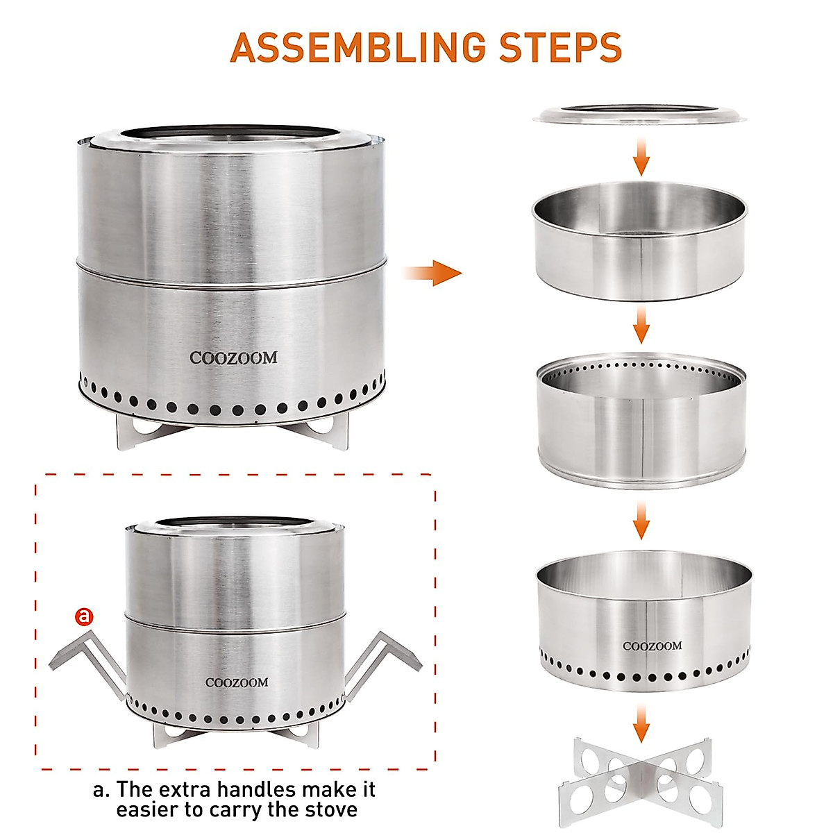 COOZOOM 19 Inch Large Smokeless Fire Pit with Stand Portable Stainless Steel Bonfire Pit Outdoor Wood Burning Firepit for Outside Patio Camping with Carry Bag