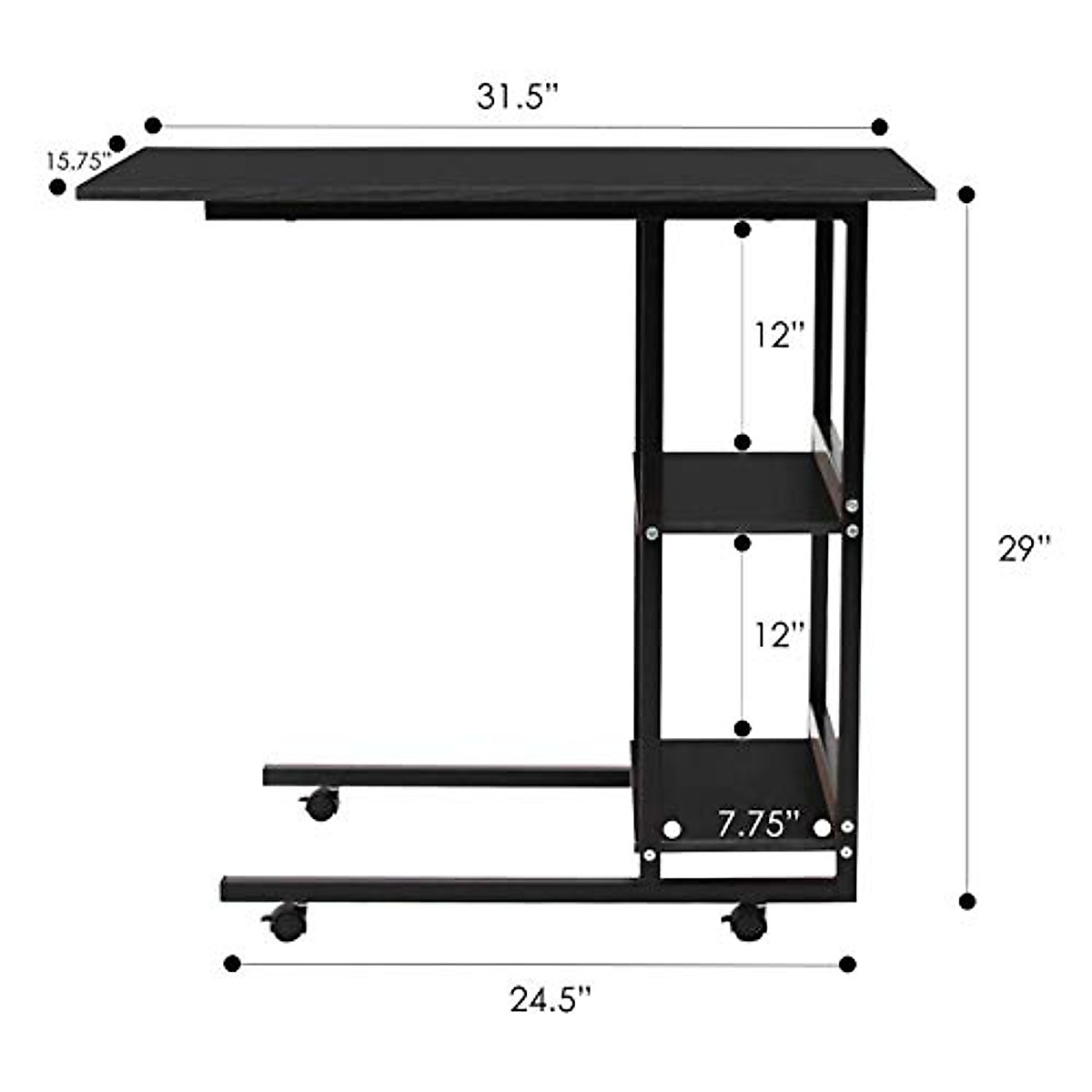 Desk Movable Office with Wheels Two Shelves Wood Sofa Side Table Slide | Black