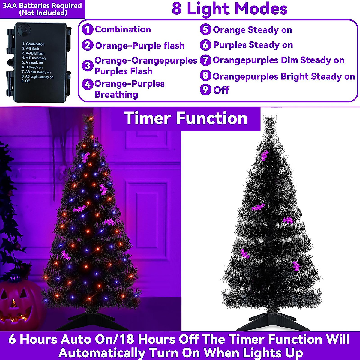 8 Modes TURNMEON 3 Ft Halloween Black Tree Decor with Timer 50 LEDs Lights Small Halloween Tree Battery Powered Artificial Black Xmas Tabletop Halloween Tree Decorations Home Indoor Outdoor Party