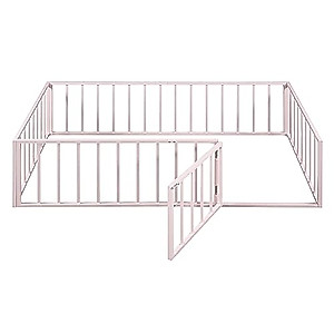 SIYSNKSI Twin Size Floor Bed with Fence and Door, Metal Floor Bed Frame, Montessori Bed Platform Bed Frame for Kids Boys Girls, Easy Assembly (Pink + Metal-3)