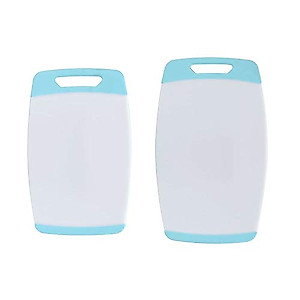 Farberware Nonstick Poly Cutting Board Set, 2-Piece, White with Aqua Trim