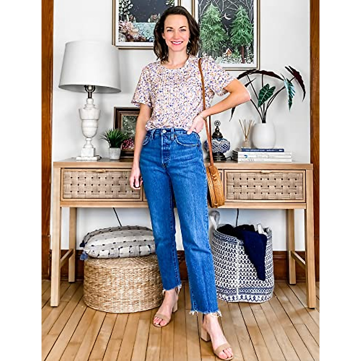 Widmile Womens Tunic Tops Crew Neck Short Sleeve Shirts Fashion Casual Pleated Pullover Blouses to Wear with Leggings Floral Pink,L