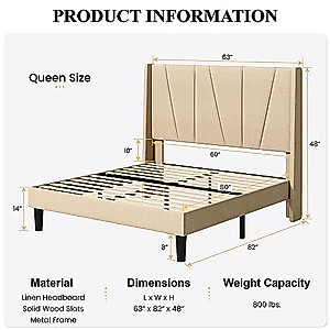 SHA CERLIN Queen Bed Frame, Upholstered Platform Bed with Geometric Headboard and Wingback, Wood Slat Support, No Box Spring Needed, Beige